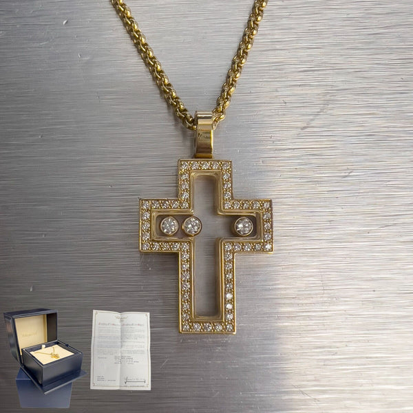 Chopard Happy Floating 3 Diamond Cross 750 18k Yellow Gold Necklace 24