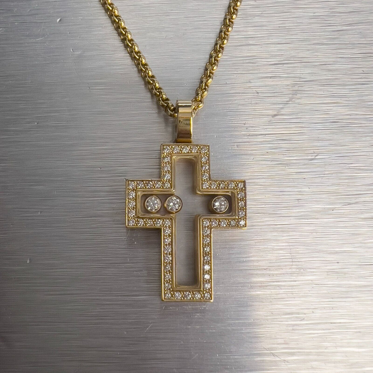 Chopard Happy Floating 3 Diamond Cross 750 18k Yellow Gold Necklace 24