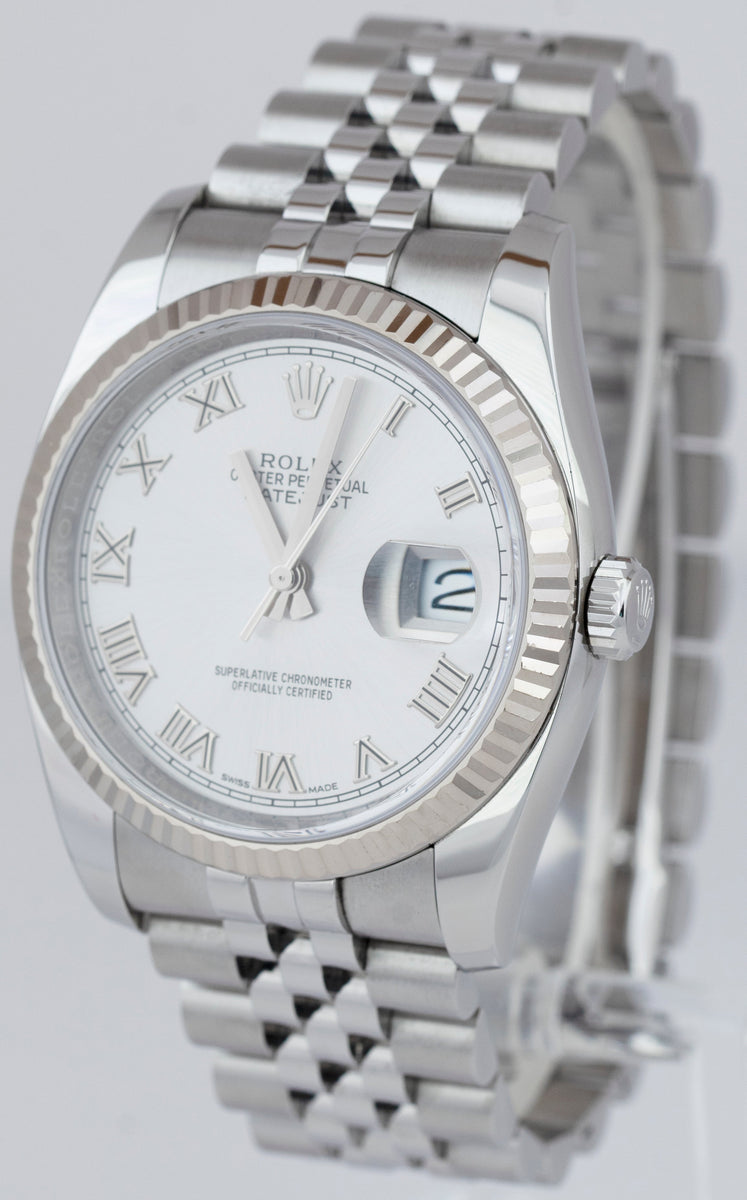 Rolex DateJust 36mm Silver PAPERS White Gold Steel Jubilee Watch 11623