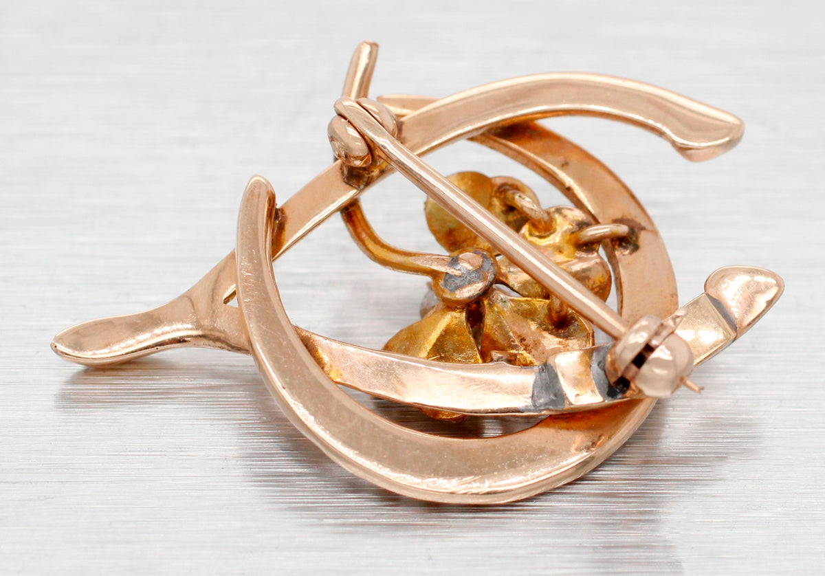 Antique Art Nouveau Good Luck Brooch Pin - 14k Rose Gold Horseshoe, Cl