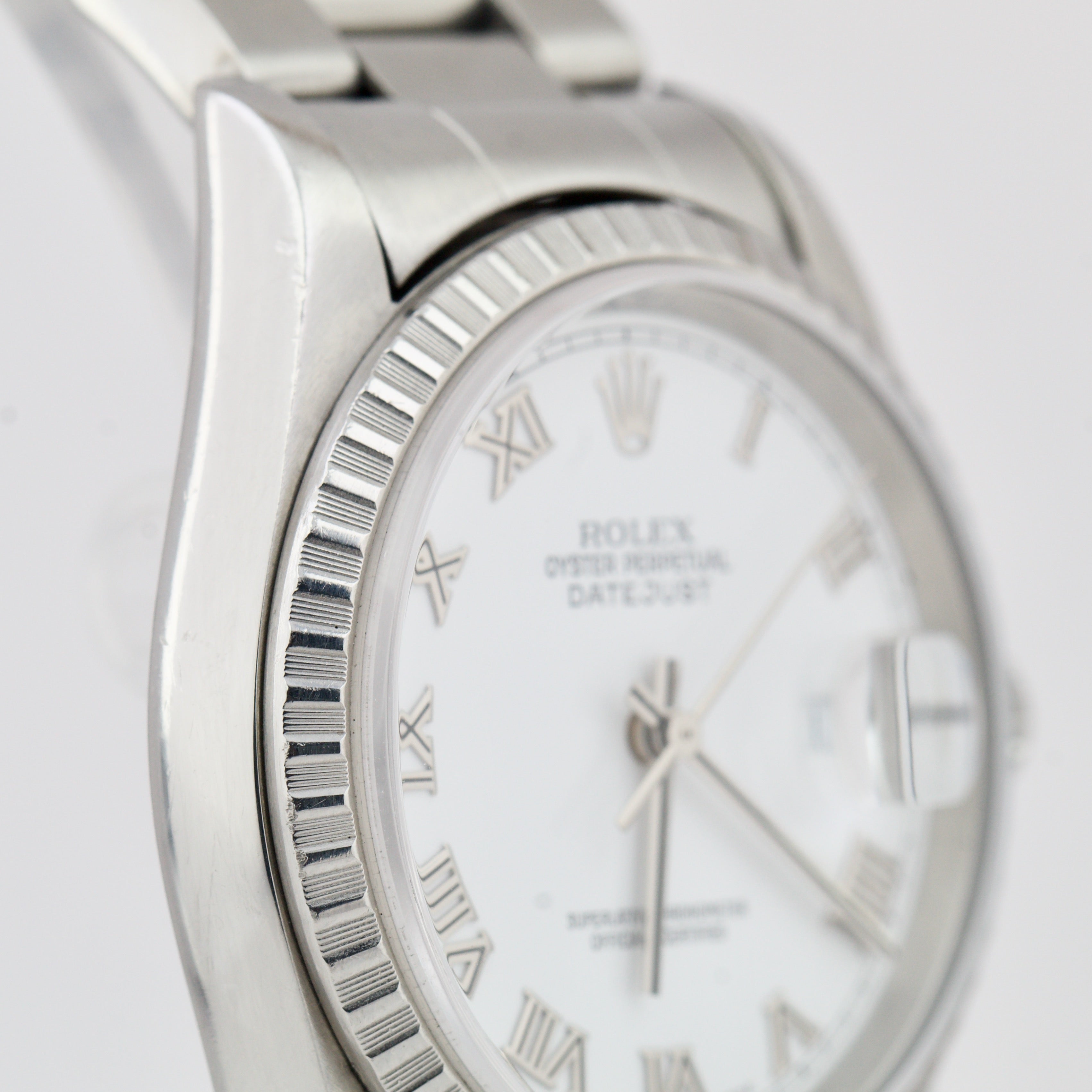Rolex DateJust 36mm White Roman NO HOLES Engine Turned Stainless Watch