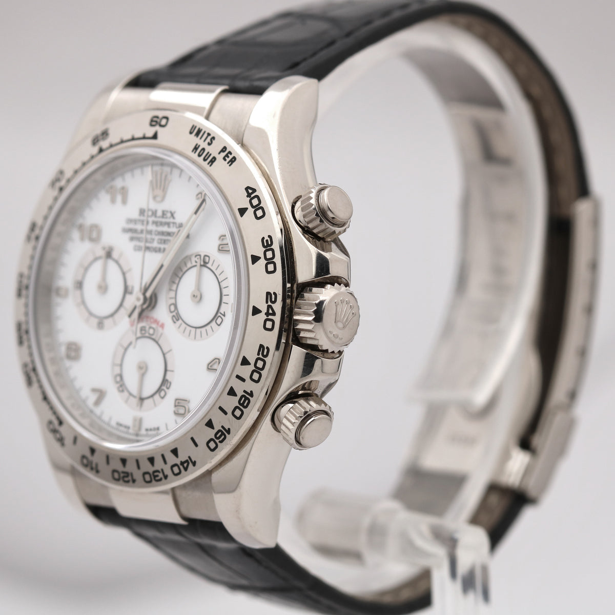Rolex Daytona Cosmograph 18K Gold WHITE DIAL Black Leather REHAUT 1165