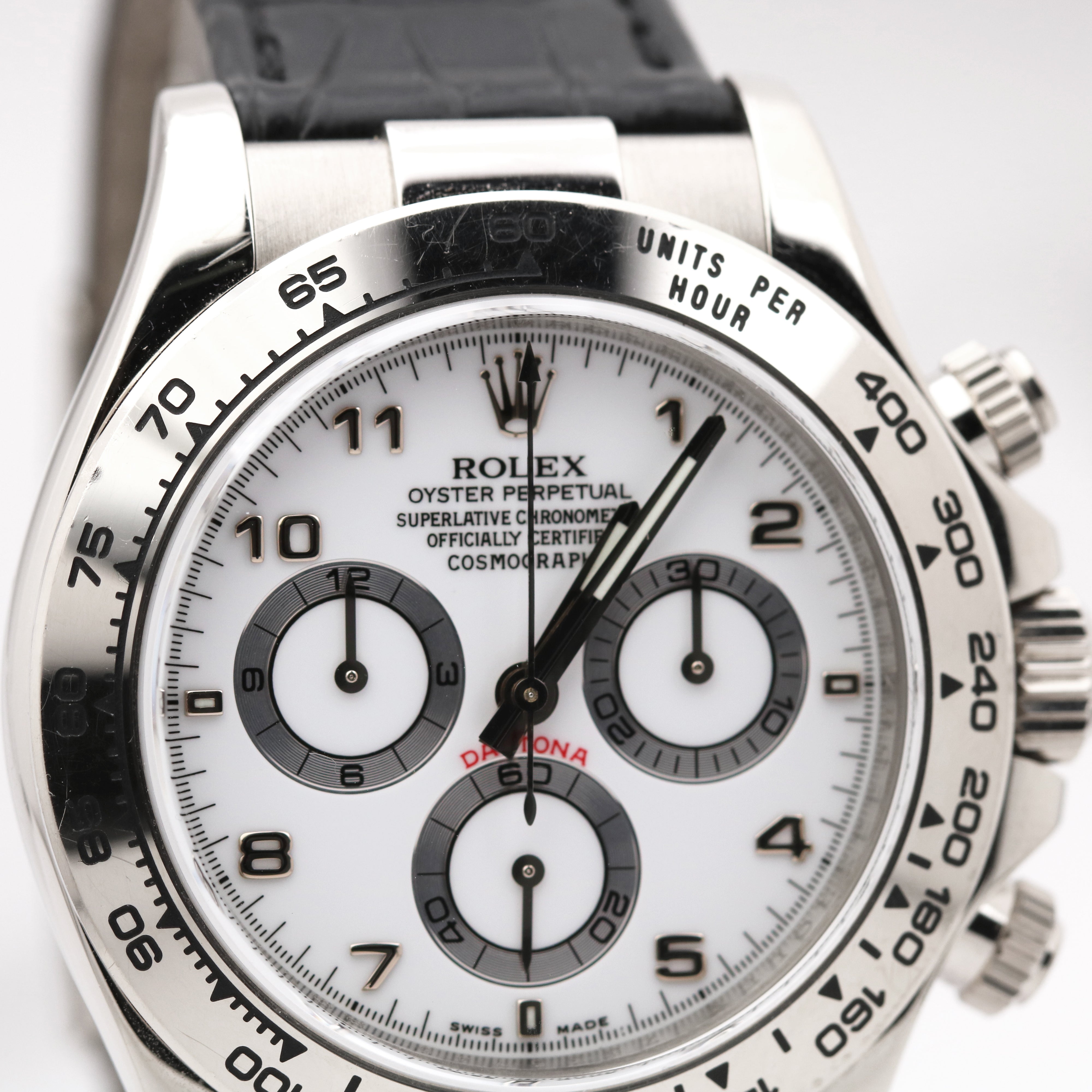 Rolex Daytona Cosmograph 18K Gold WHITE DIAL Black Leather REHAUT 1165