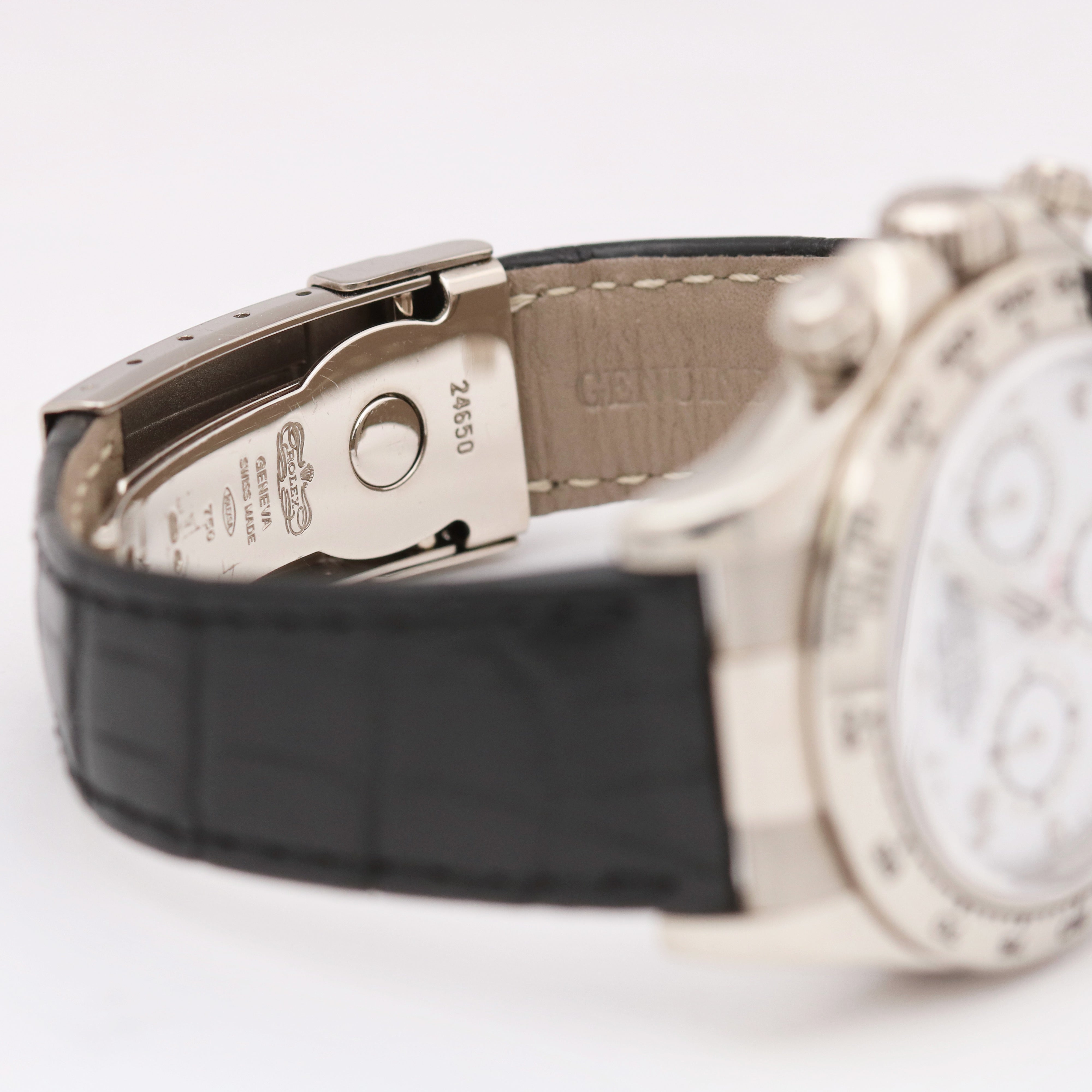 Rolex Daytona Cosmograph 18K Gold WHITE DIAL Black Leather REHAUT 1165