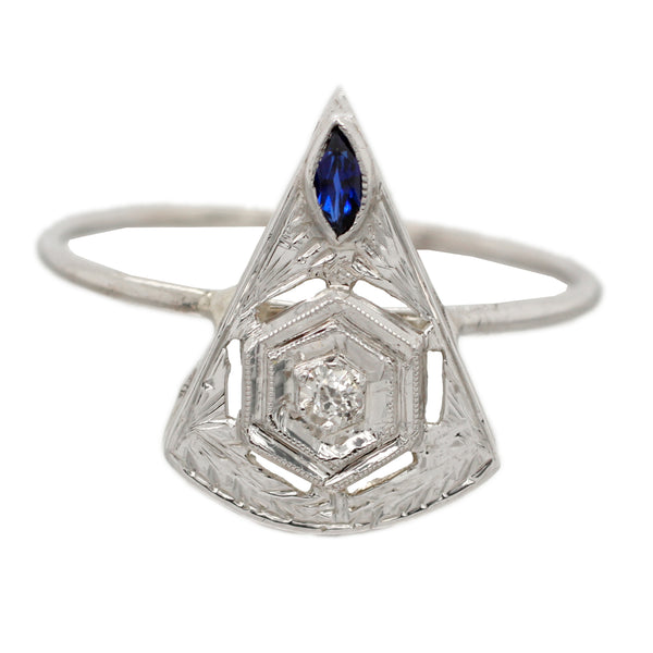 Antique Art Deco Diamond/Sapphire Triangle Pin Conversion Ring - 14k W