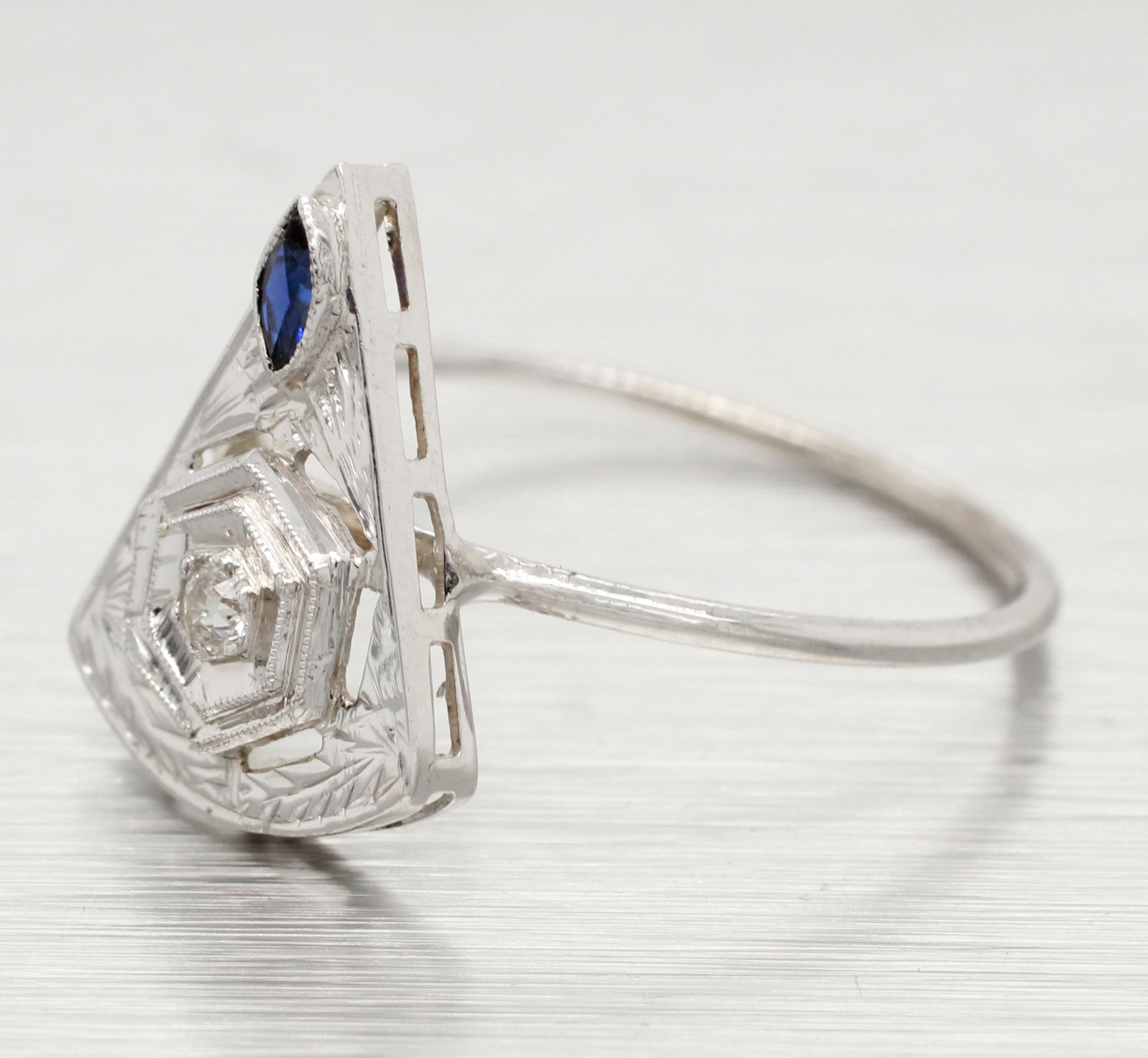 Antique Art Deco Diamond/Sapphire Triangle Pin Conversion Ring - 14k W