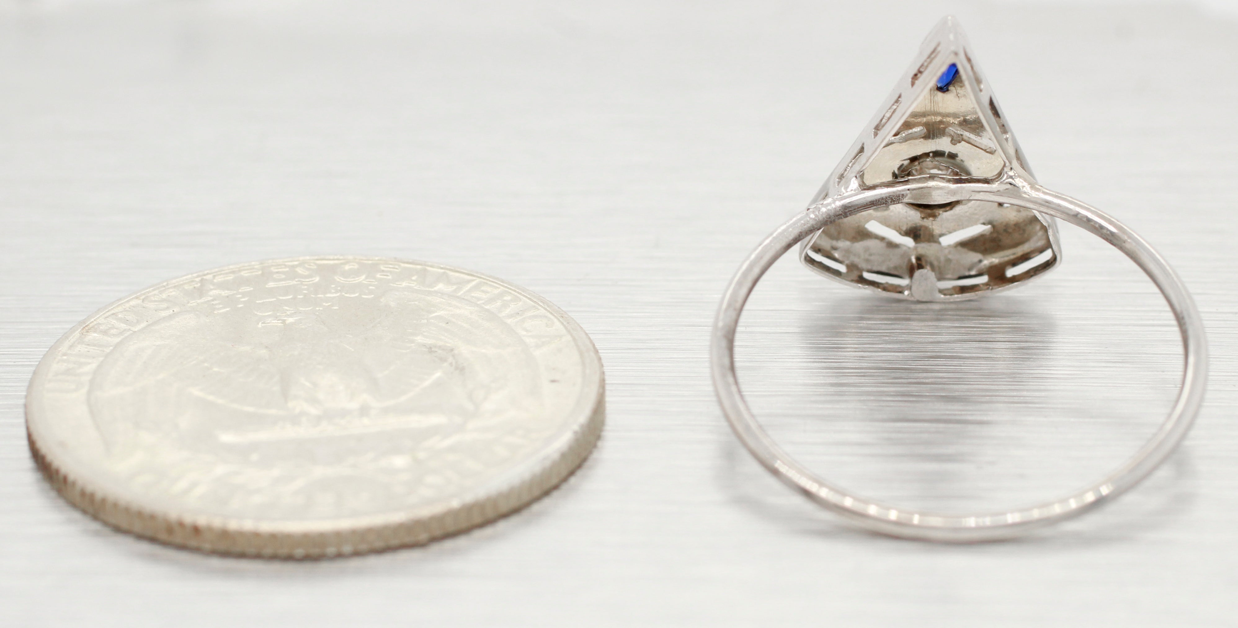 Antique Art Deco Diamond/Sapphire Triangle Pin Conversion Ring - 14k W