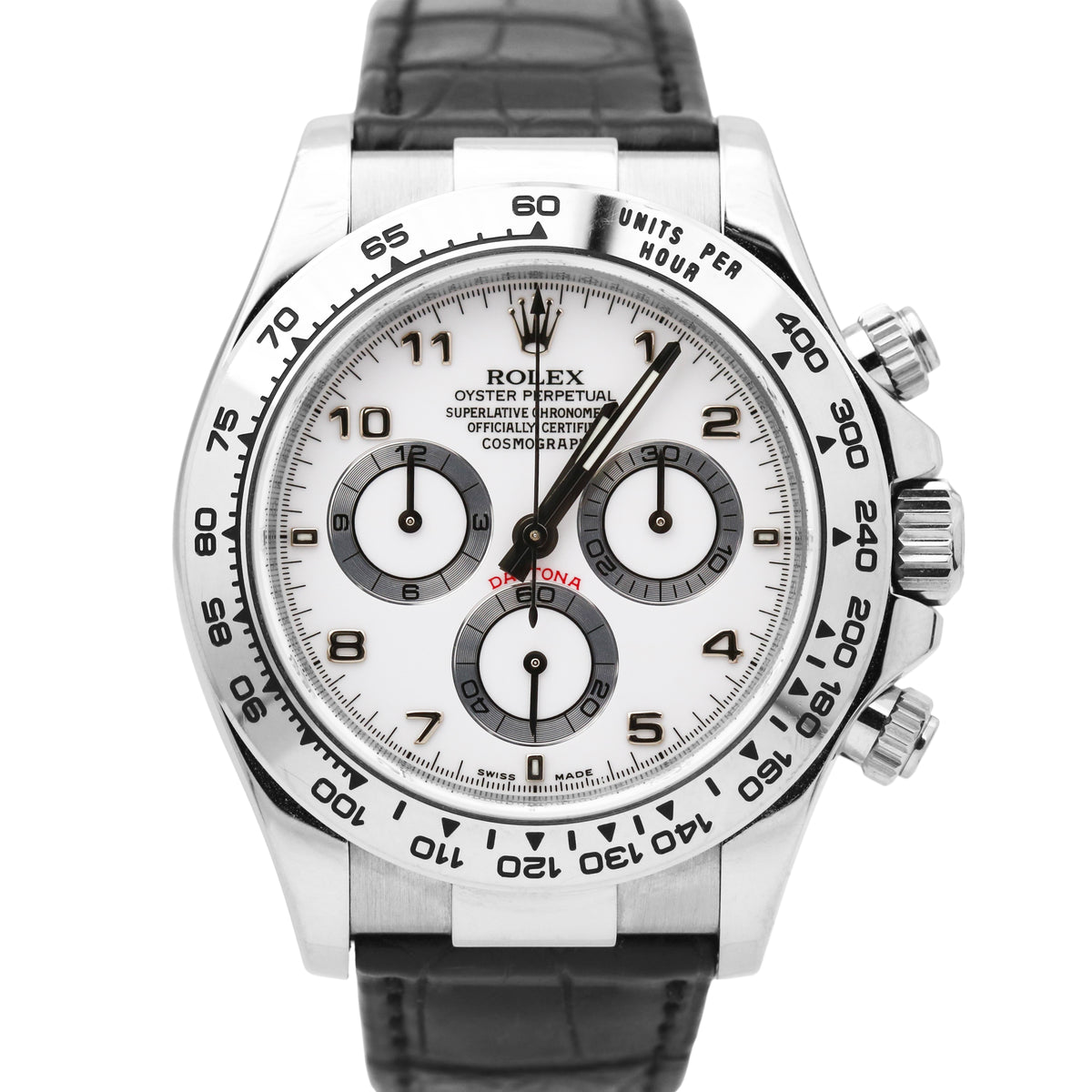 Rolex Daytona Cosmograph 18K Gold WHITE DIAL Black Leather REHAUT 1165